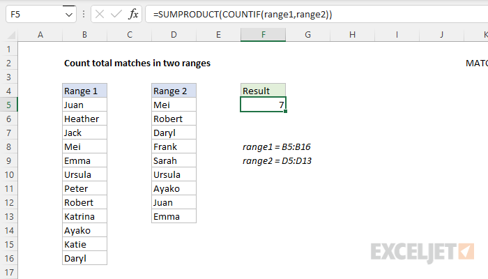 Count Total Matches In Two Ranges Excel Formula Exceljet